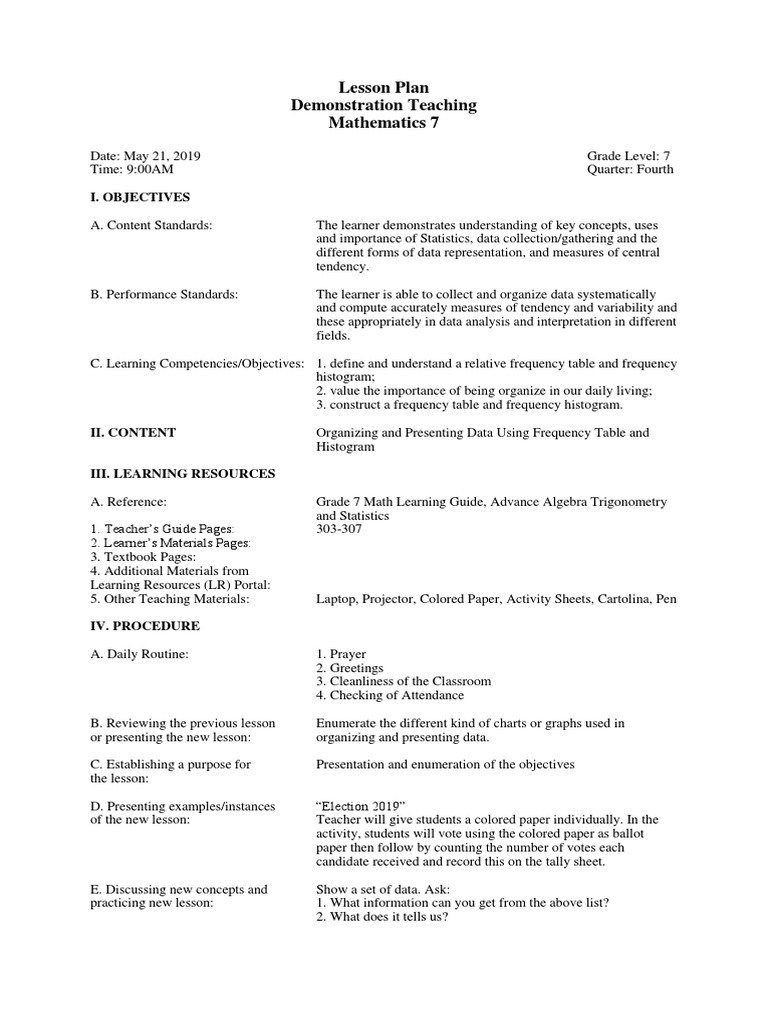 Lesson Plan in Frequency Table | PDF | Histogram | Statistics