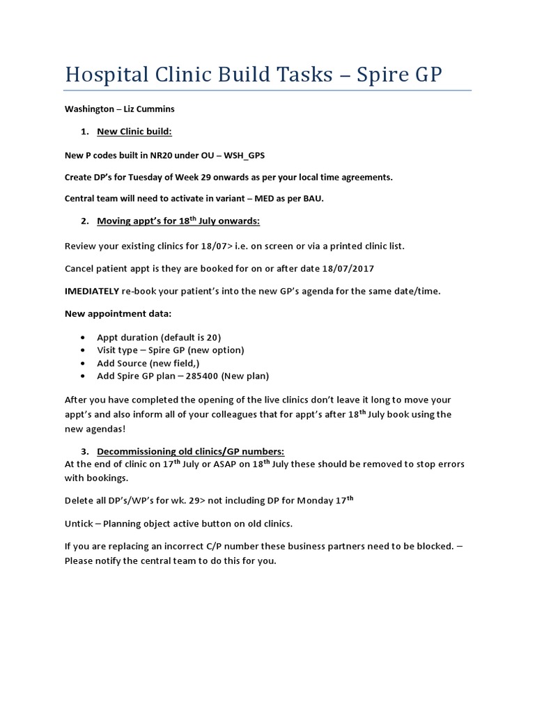 Hospital Clinic Build Tasks | PDF