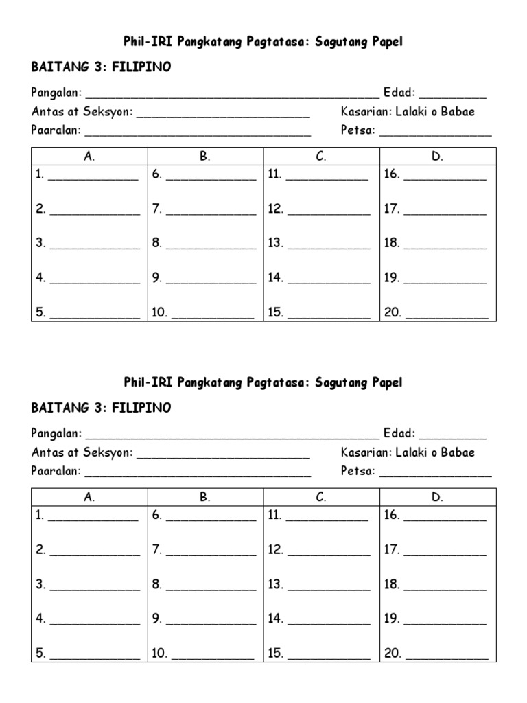 Phil-IRI GST Answer Sheet Complete (3-6) Filipino and English | PDF