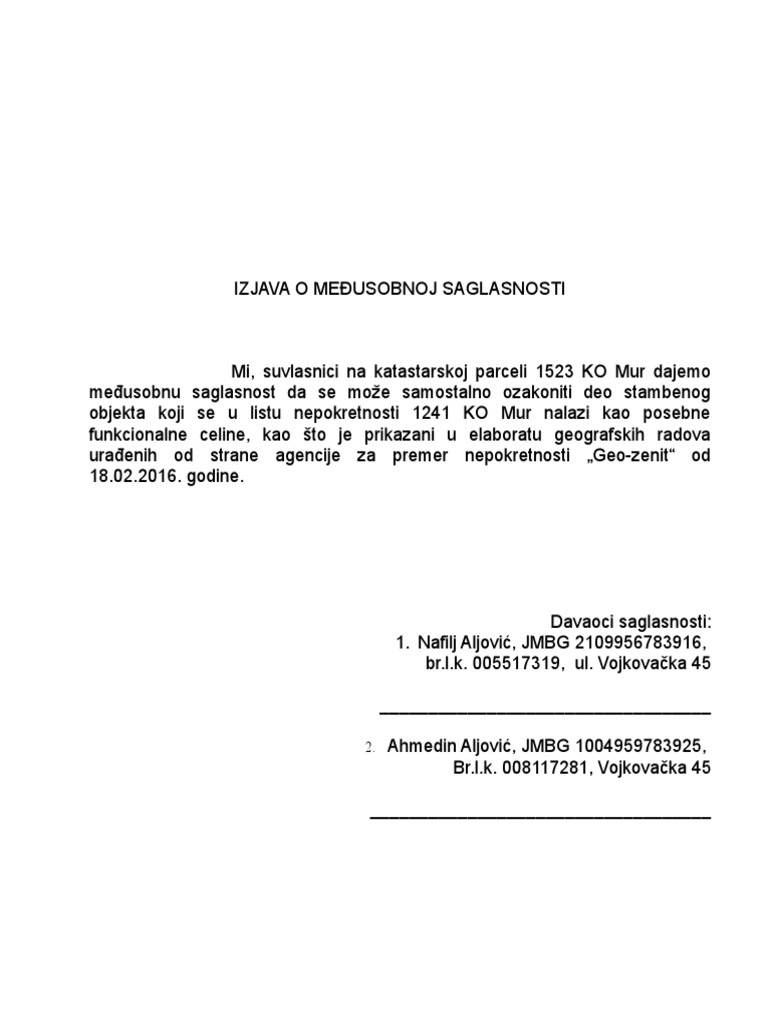 Izjava o Medjusobnoj Saglasnosti | PDF