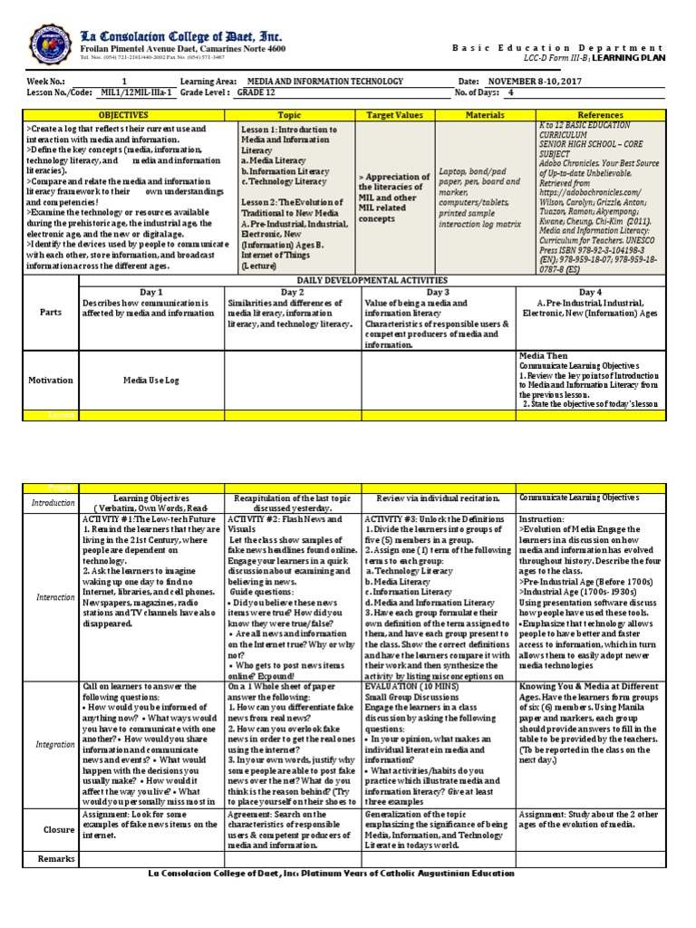Grade 12 - Mil Learning Plan | PDF | Mass Media | Information Literacy