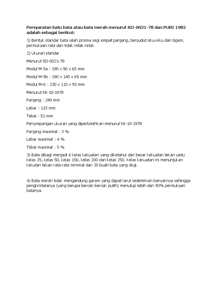 Persyaratan Batu Bata Atau Bata Merah Menurut SII PDF | PDF