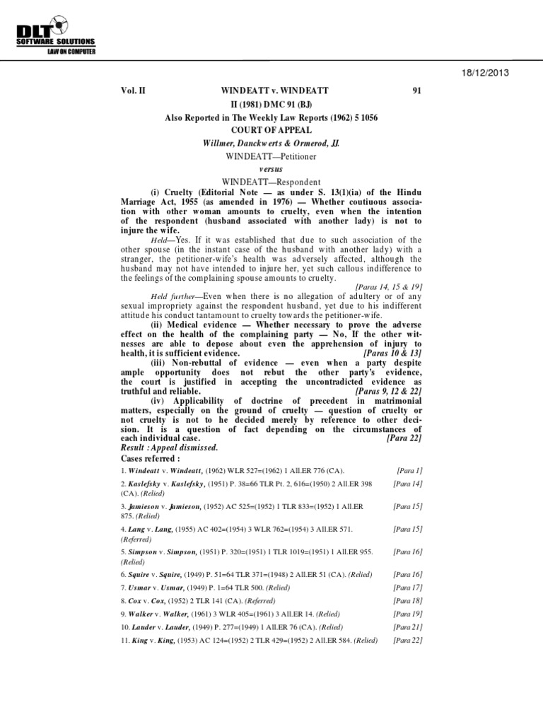 Windeatt V Windeatt 91 1981 DMC BJ II | PDF | Judgment (Law) | Social ...