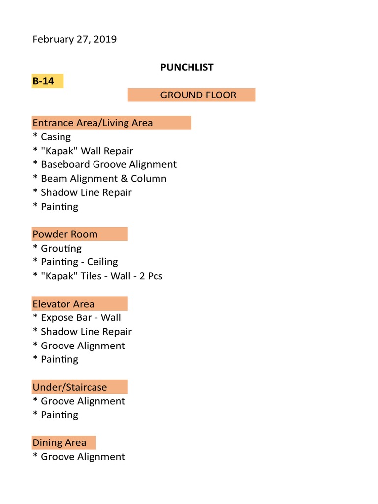 Construction Punchlist Sample | PDF
