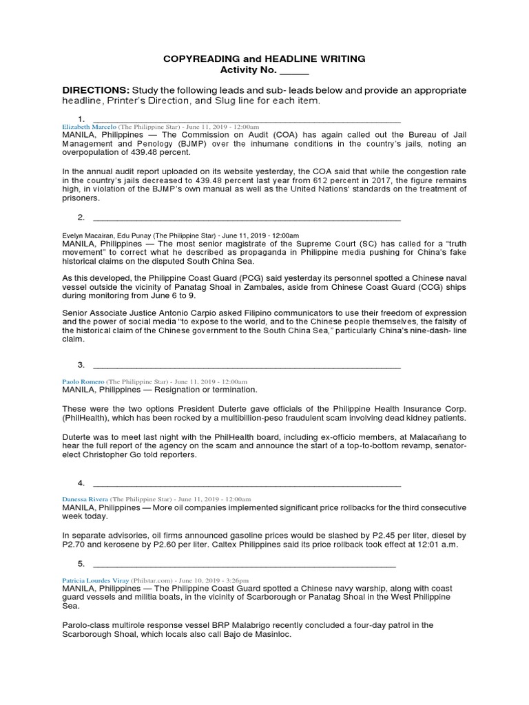Copyreading and Headline Writing Drills | PDF | Government