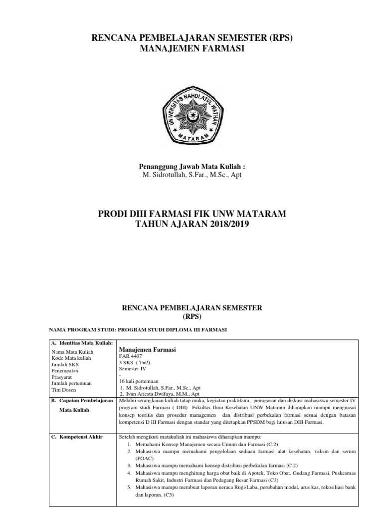 RPS Manajemen Farmasi | PDF