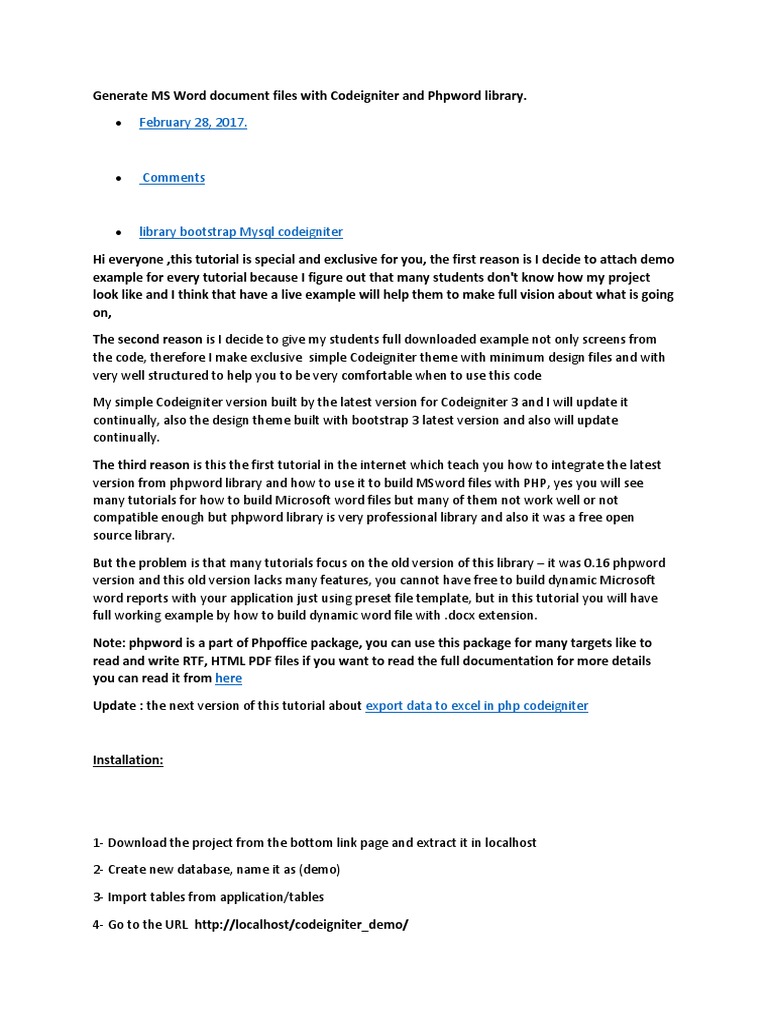 Generate Ms Word Document Files With Codeigniter And Phpword Library Pdf Library Computing
