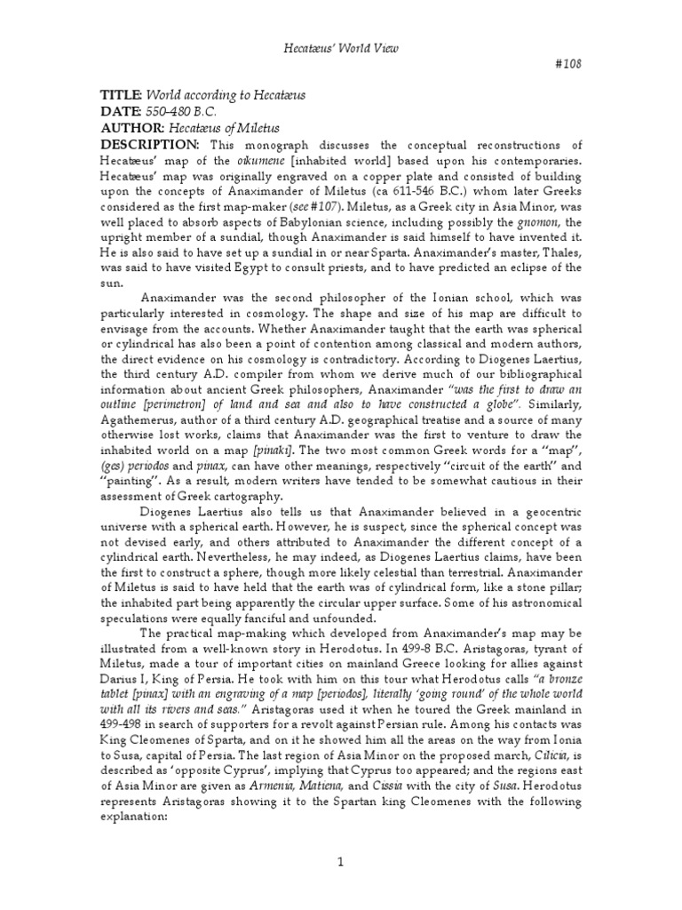 Title: Date: Author: Description:: World According To Hecatæus 550-480 ...
