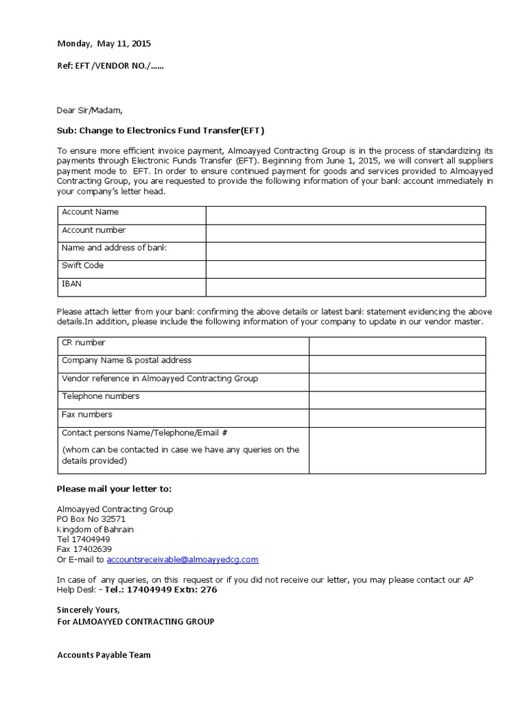 Monday, May 11, 2015 Ref: EFT /VENDOR NO./ : Sub: Change To Electronics ...