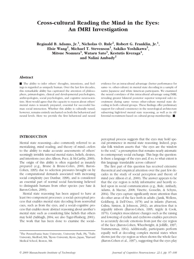 Cross-Cultural Reading The Mind in The Eyes: An fMRI Investigation ...
