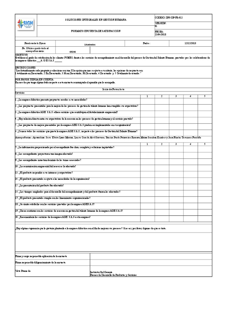 Formato Encuesta de Satisfaccion | Gestión del talento | Pequeñas y ...