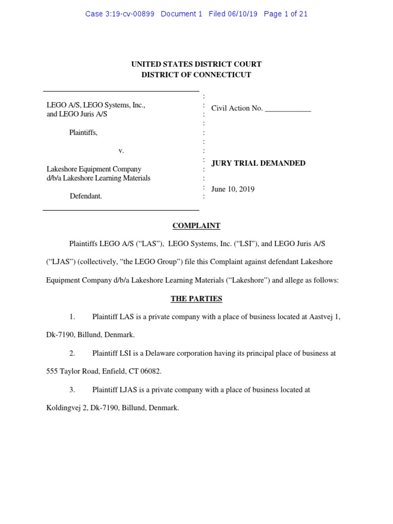 Lego v. Lakeshore Equip. - Complaint | PDF | Trademark | Copyright ...