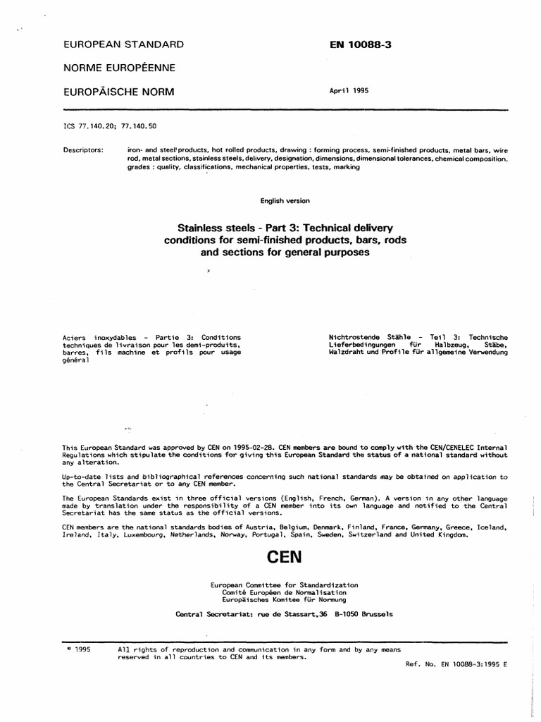 EN 10088 3 1995 Stainless Steel | PDF