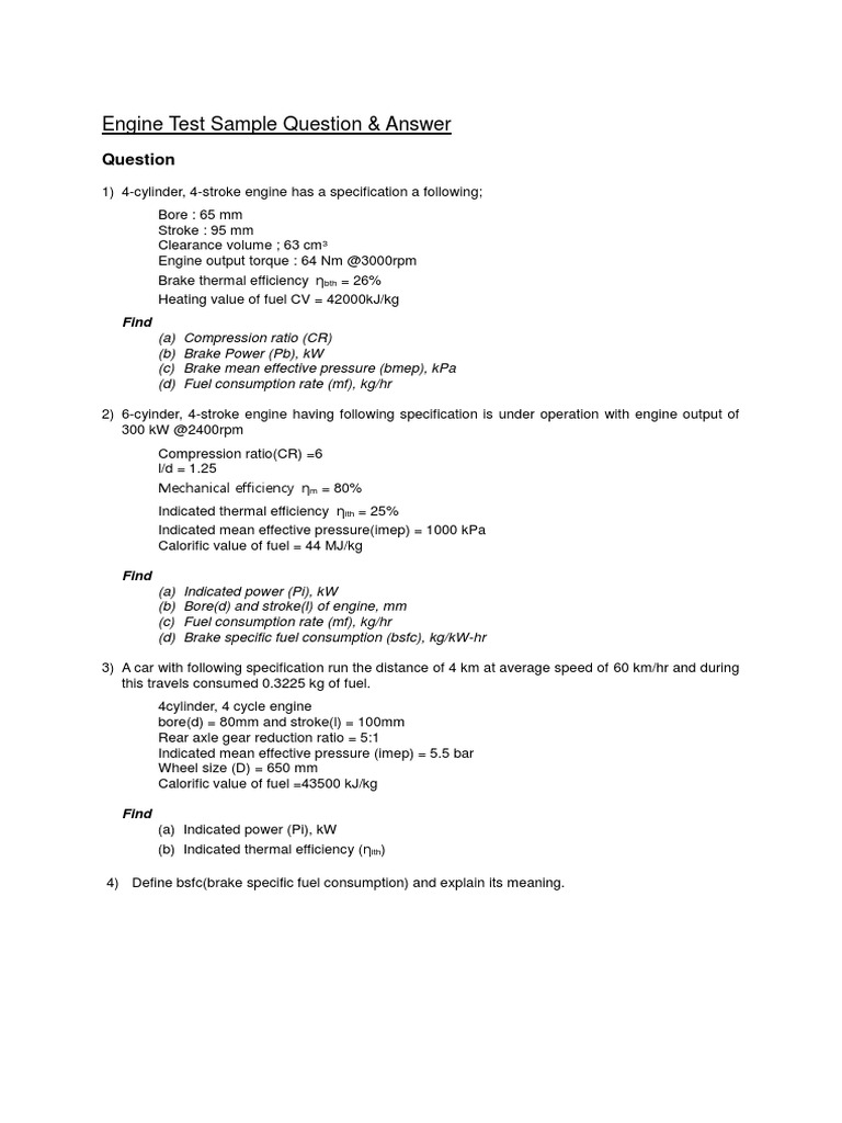 Engine Test Sample Question(s) | PDF | Engines | Fuel Efficiency