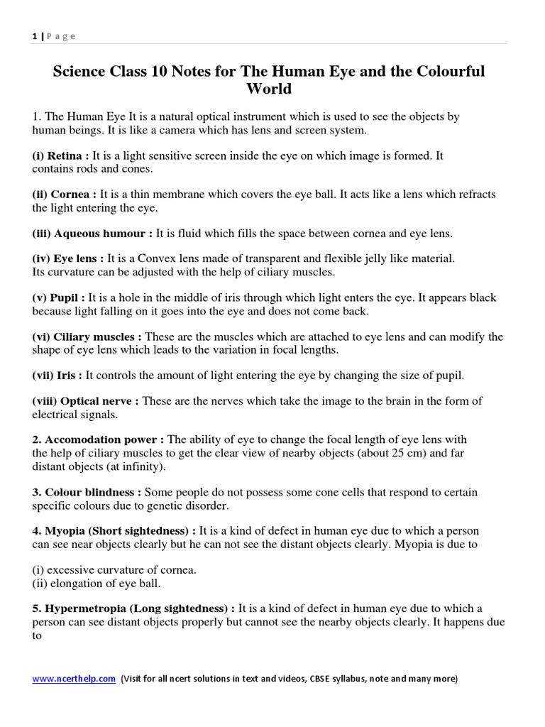 Science Notes For Class 10 Chapter 11 The Human Eye and The Colourful ...