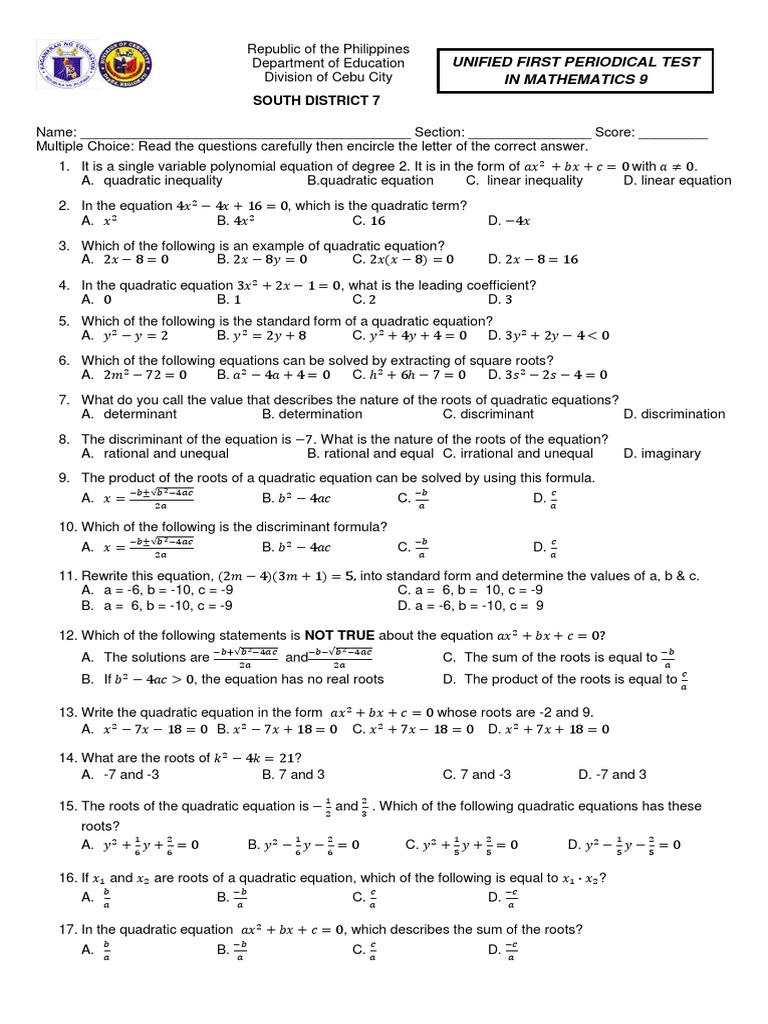Math 9 | PDF | Quadratic Equation | Equations