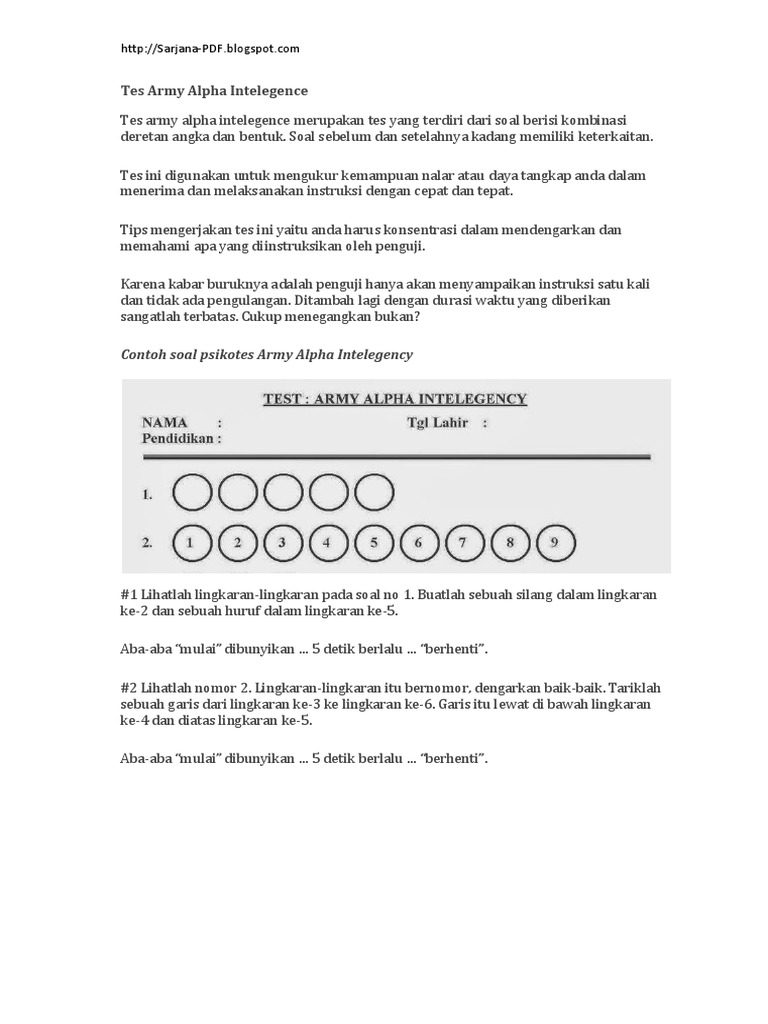 Contoh Soal Psikotes Army Alpha Intelegency | PDF Contoh Soal Psikotes Army Alpha Intelegency | PDF