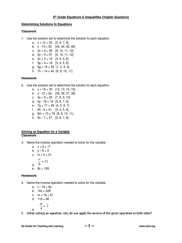 6th Grade Math: Equations & Inequalities | PDF | Inequality ...