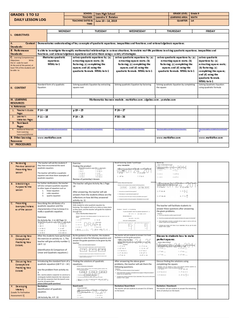 Daily Lesson Log Math 9 Week 2 June 10 - 14, 2019 | PDF | Quadratic ...