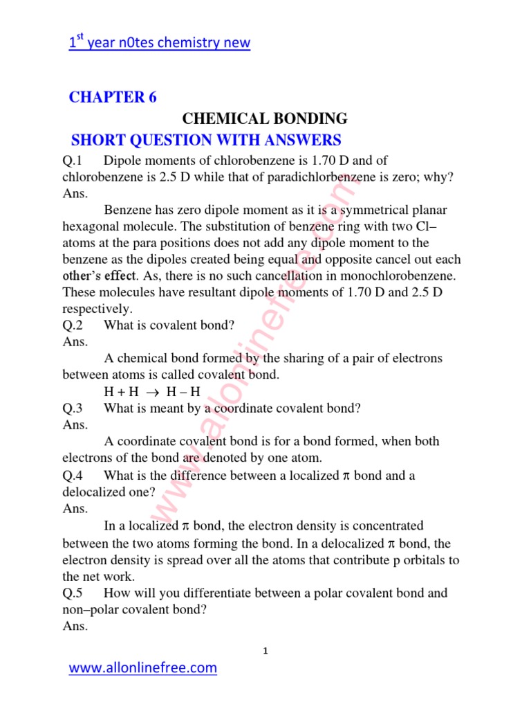 6 Chapter Chemical Bonding Short Question With Answers | PDF | Covalent ...