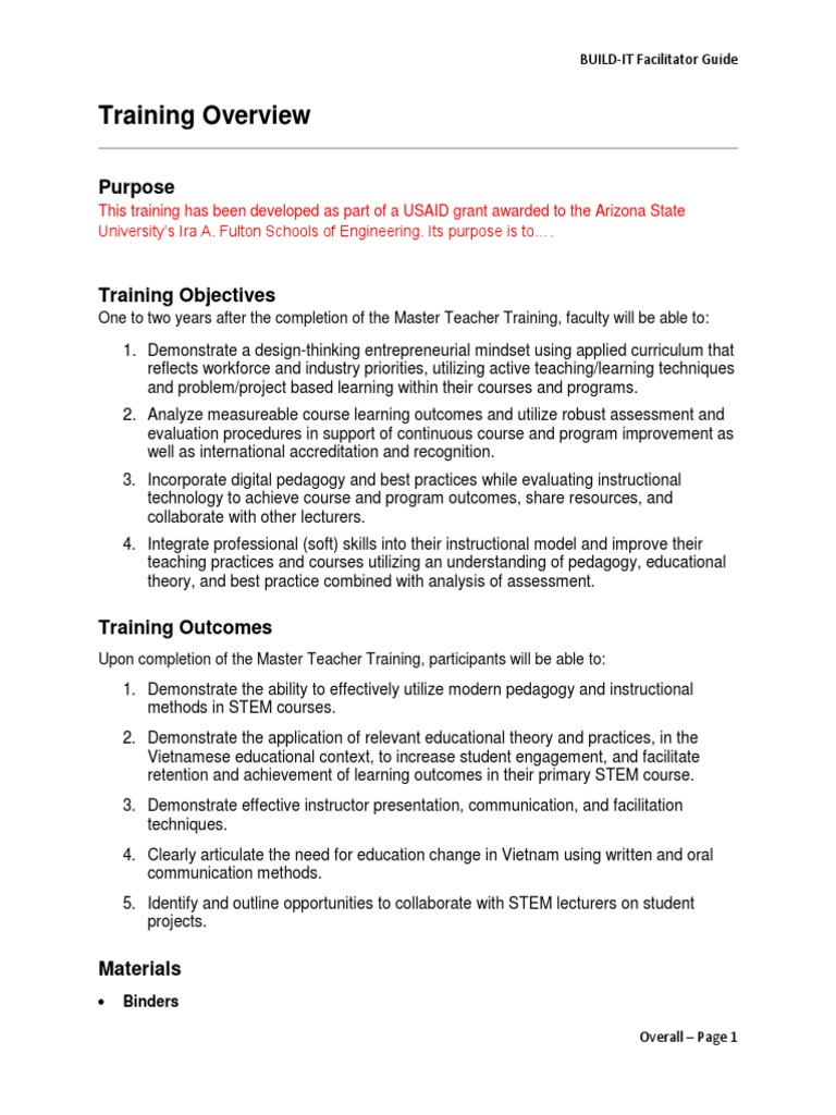 01 Training Overview | PDF | Facilitator | Teacher Education