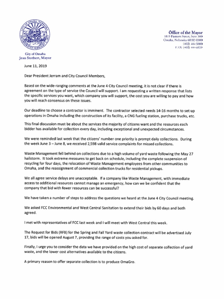 Mayor Stothert's Letter to City Council 06.11.19