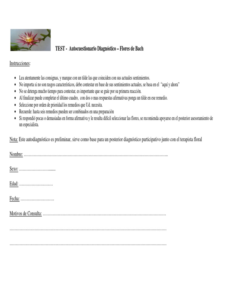 TEST - Autocuestionario Diagnóstico - Flores de Bach | PDF | Temor ...