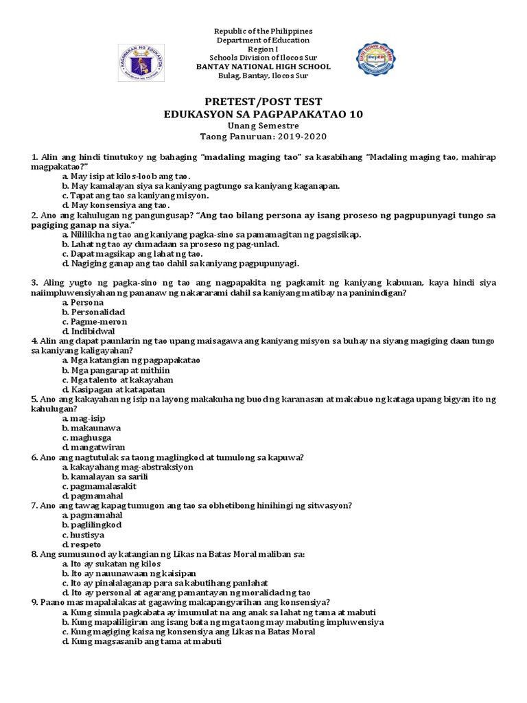 Pretest - Post Test Esp 10 Q1 | PDF