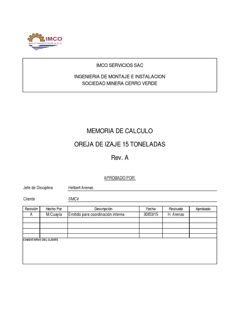 Oreja de Izaje 15 Toneladas Imco Servici PDF | PDF