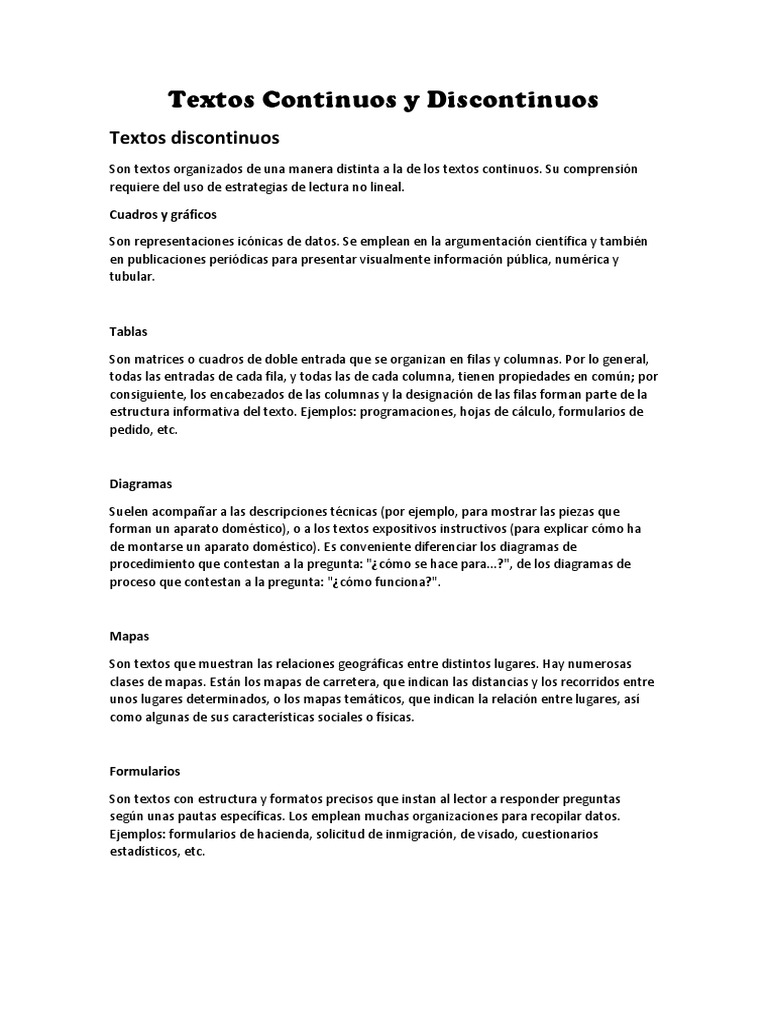 Textos Continuos y Discontinuos | PDF | Verbo | Comprensión lectora
