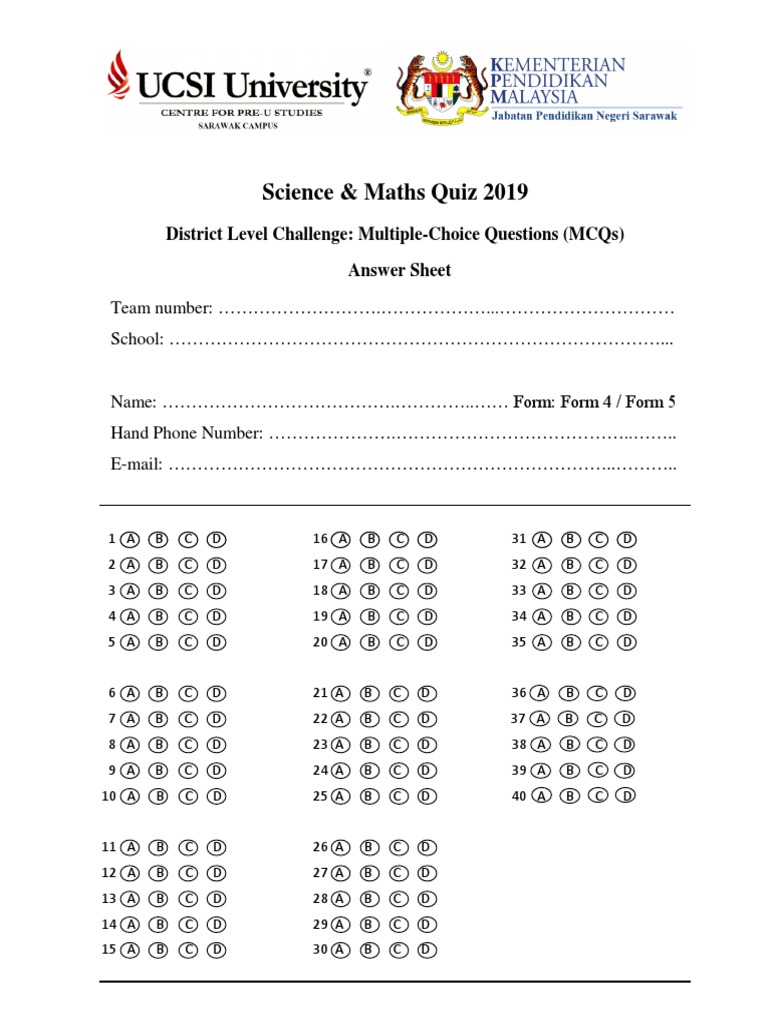 Science & Maths Quiz 2019: District Level Challenge: Multiple-Choice Questions (MCQS) Answer ...