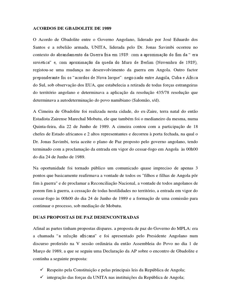 Acordos de Gbadolite de 1989 | PDF | Angola | Unita