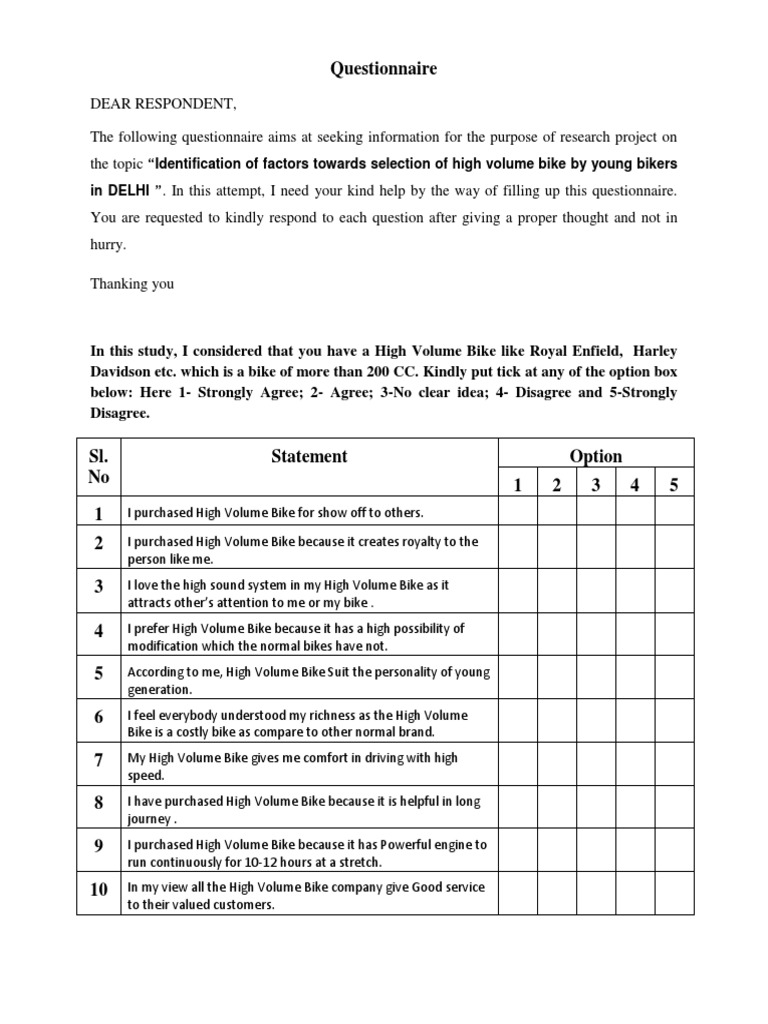 Questionnaire: Identification of Factors Towards Selection of High ...