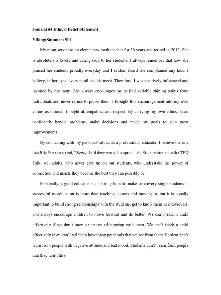 Journal #4 Ethical Belief Statement Yifang (Summer) Shi | PDF | Value ...