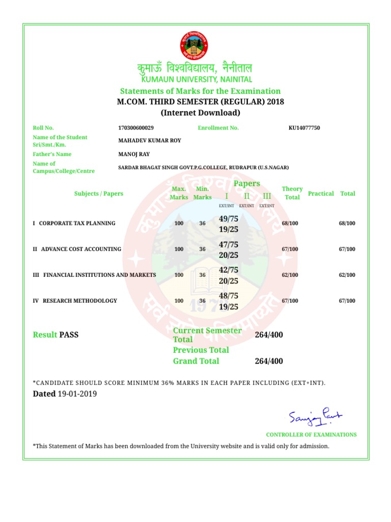 Statements of Marks For The Examination: (Internet Download) | PDF ...