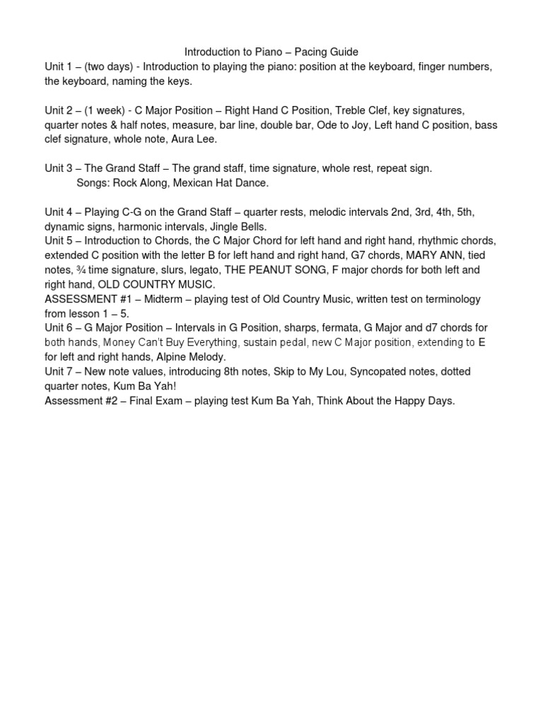 Introduction To Piano Pacing Guide | PDF