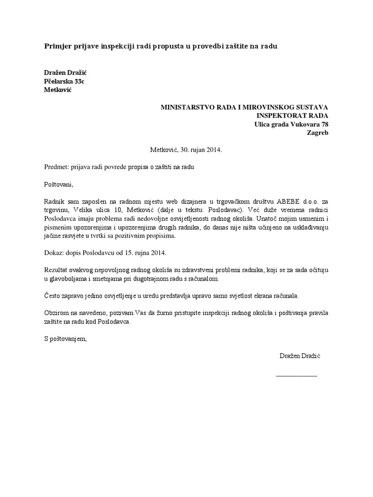 Primjer Prijava Inspekciji Radi Propusta | PDF