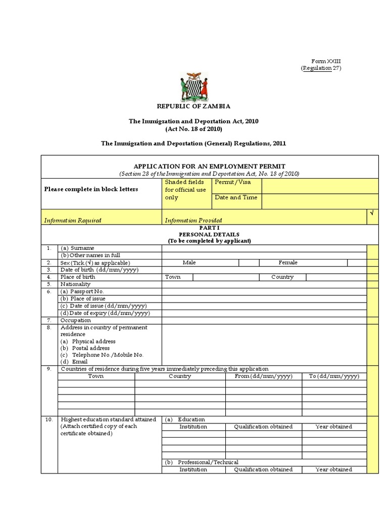Zambia Employ Permit Appln Form 23 | PDF | Passport | Birth Certificate