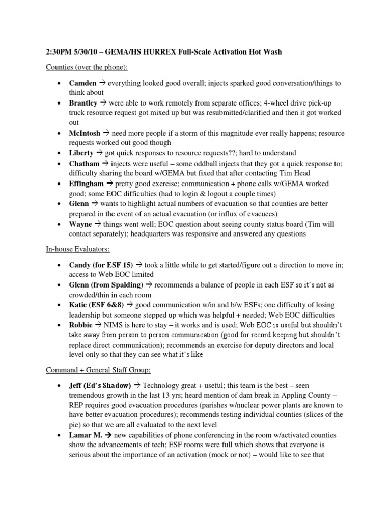 2:30PM 5/30/10 - GEMA/HS HURREX Full-Scale Activation Hot Wash | PDF
