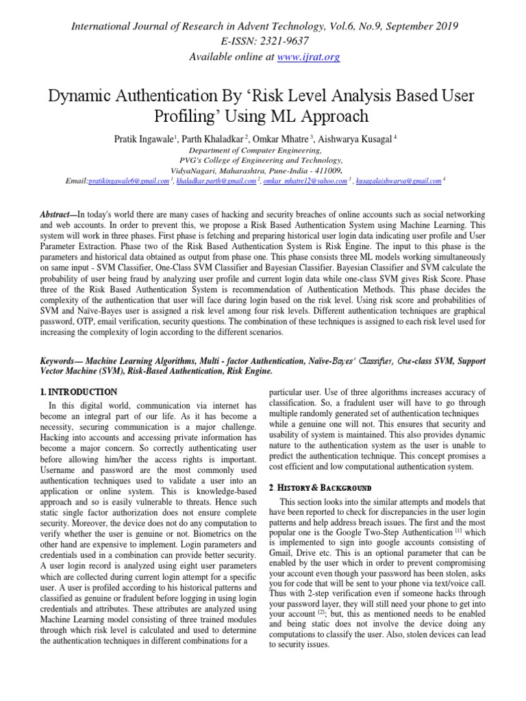 Dynamic Authentication by Risk Level Analysis Based User Profiling' Using ML Approach | Download ...