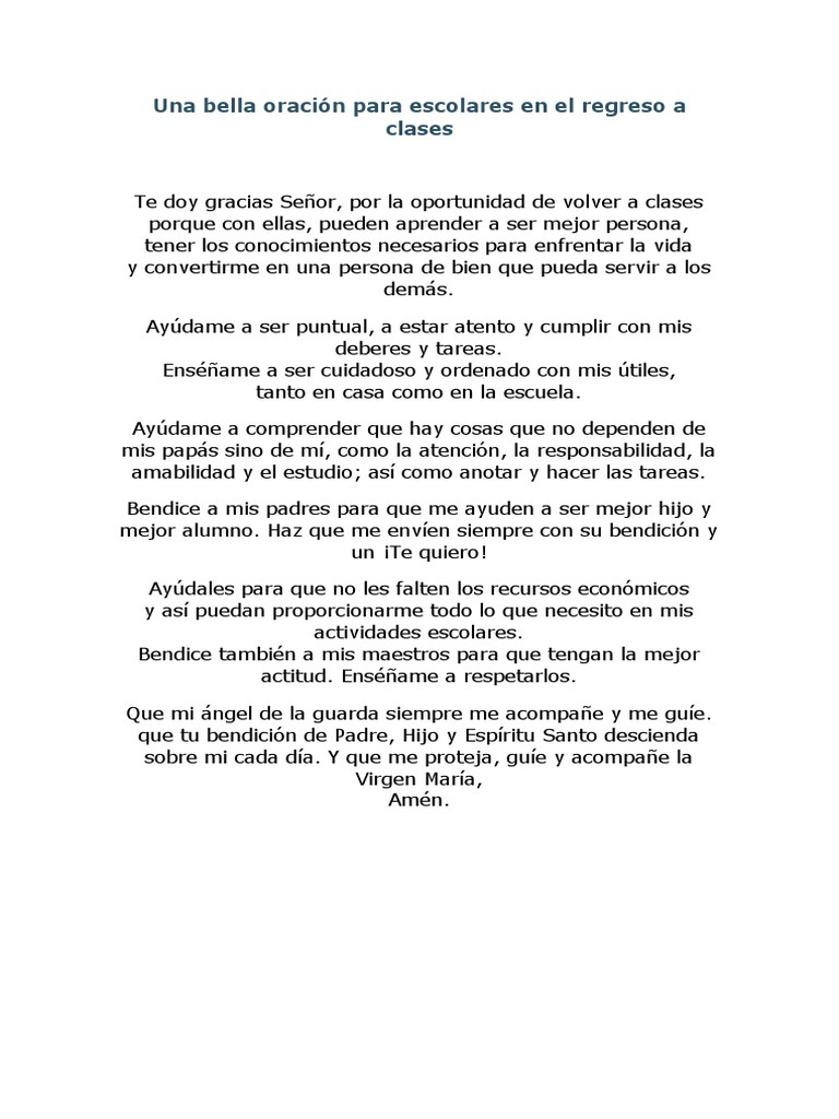 Una Bella Oración para Escolares en El Regreso A Clases | PDF
