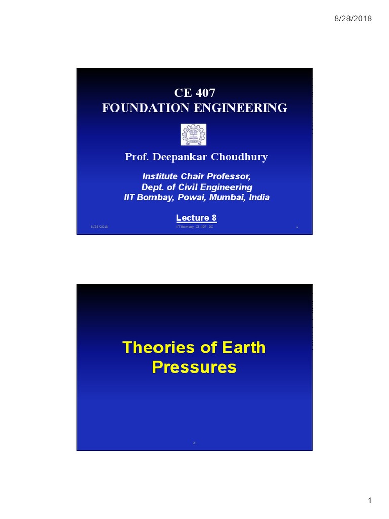 Theories of Earth Pressures: CE 407 Foundation Engineering | PDF | Sine | Pressure
