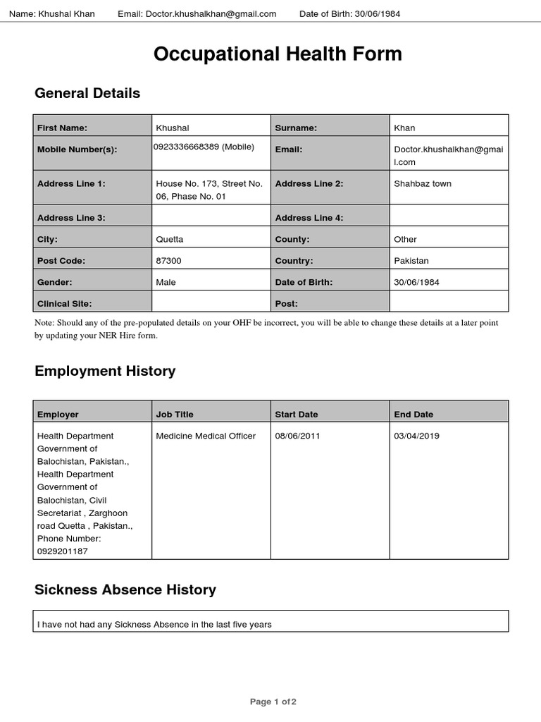 Occupational Health Form: General Details | Download Free PDF ...
