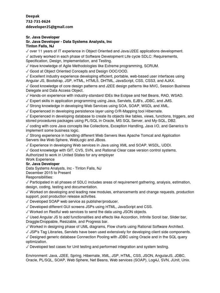 Deepak 732-731-0624: Sr. Java Developer Sr. Java Developer - Data Systems Analysts, Inc Tinton ...