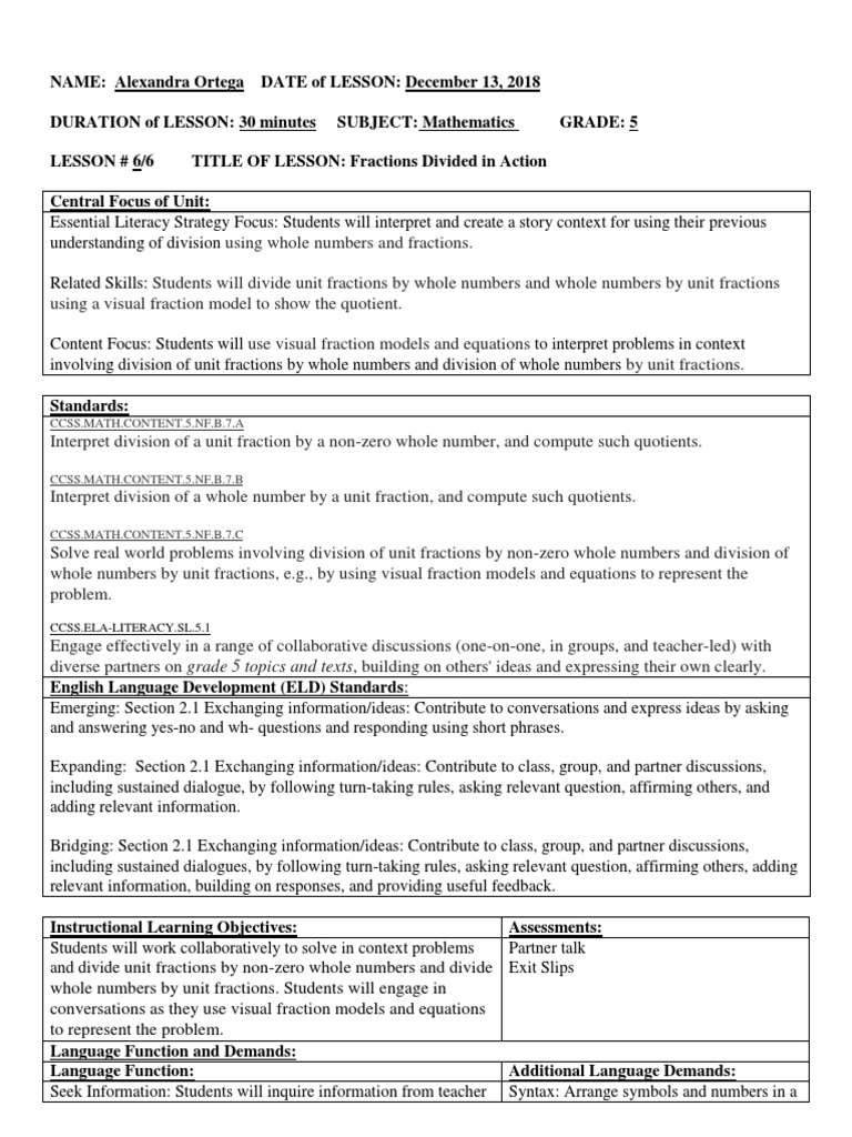 Lesson Plan 6 | PDF | Individualized Education Program | Fraction ...