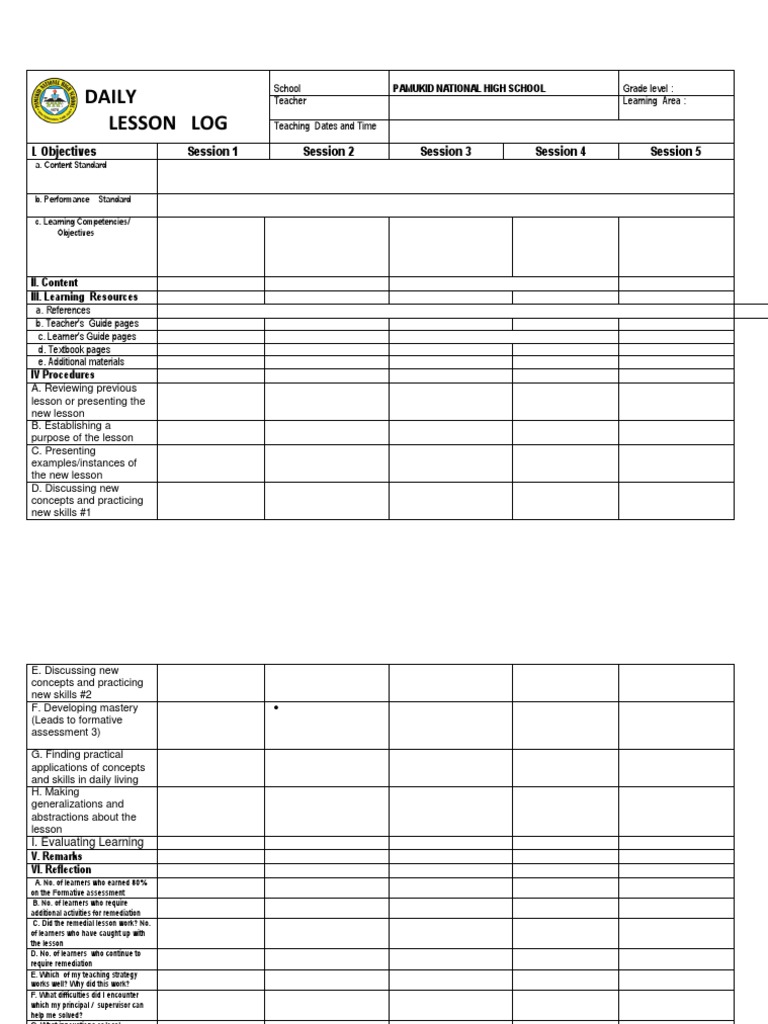 Daily Lesson Log Template | PDF