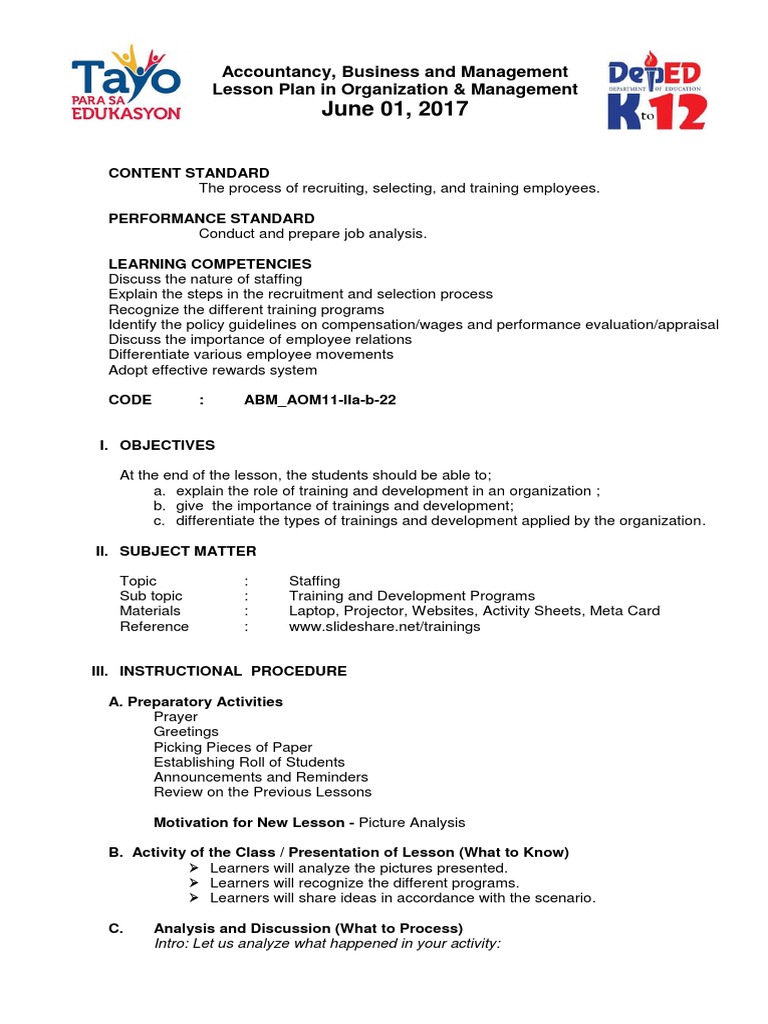 ABM Lesson Plan: Staffing & Training | PDF | Lesson Plan | Acronym