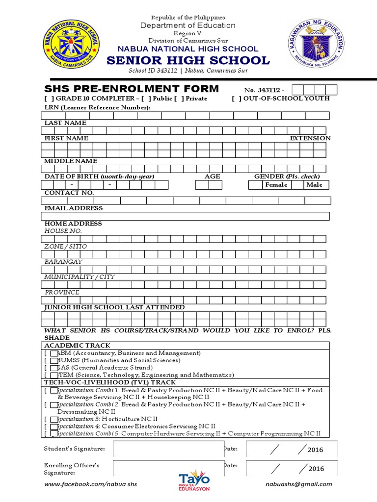 Shs Pre Enrolment Form | PDF | Behavior Modification | Academia