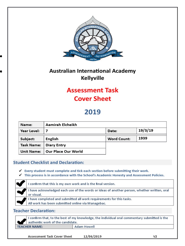 2019 Assessment Task Cover Sheet | PDF