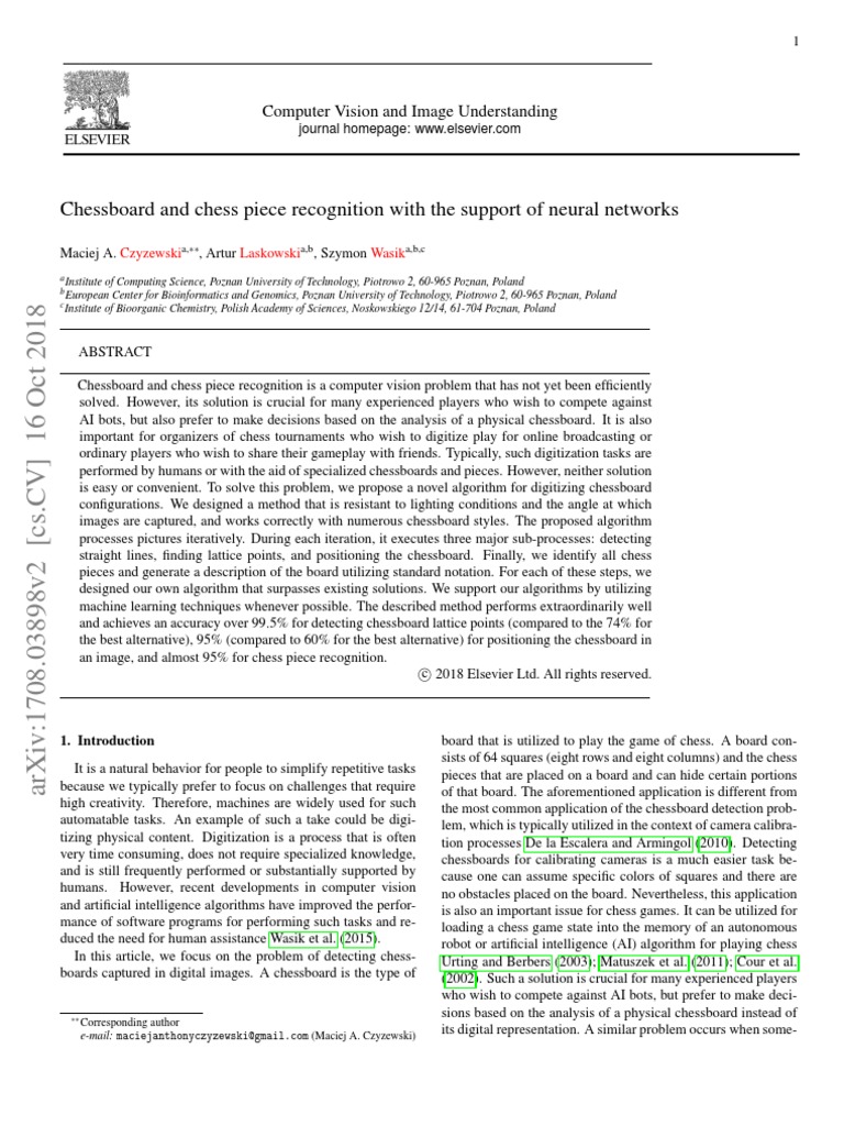Chessboard and Chess Piece Recognition With The Support of Neural ...
